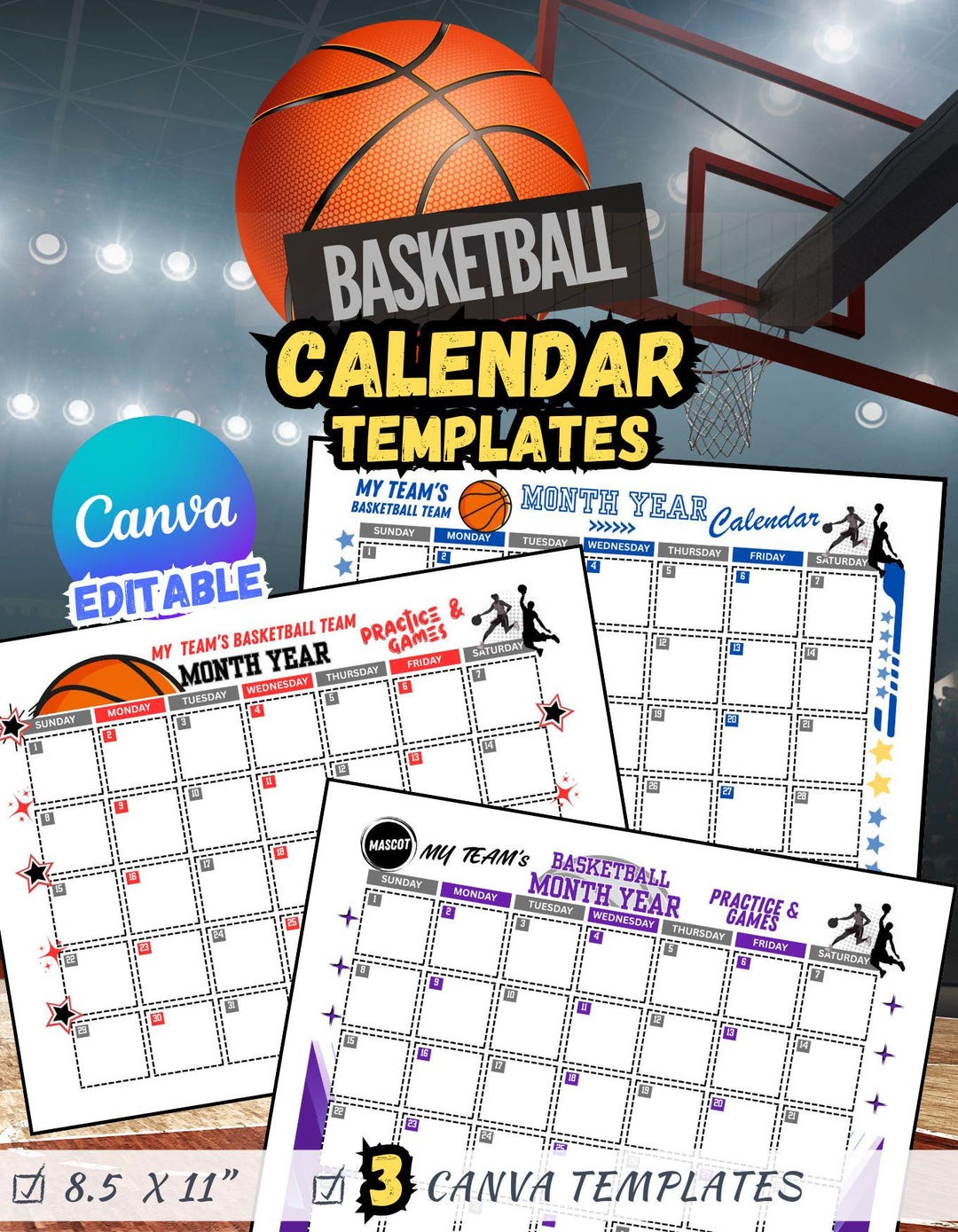 Basketball Season Calendar Template | Editable Practice & Game Schedule ...