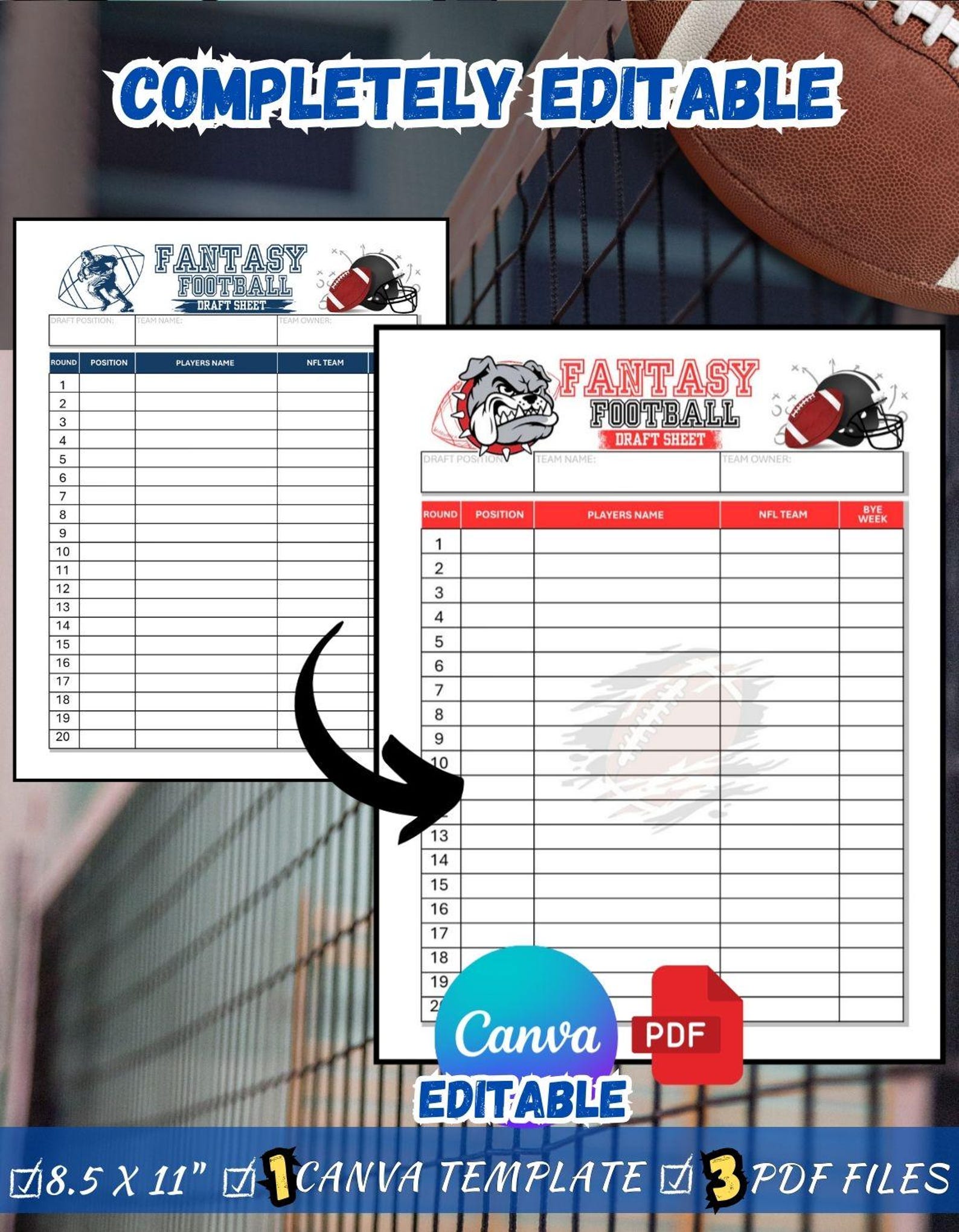 Fantasy Football Draft & Roster Sheets + Bonus Bye Week Calendar ...