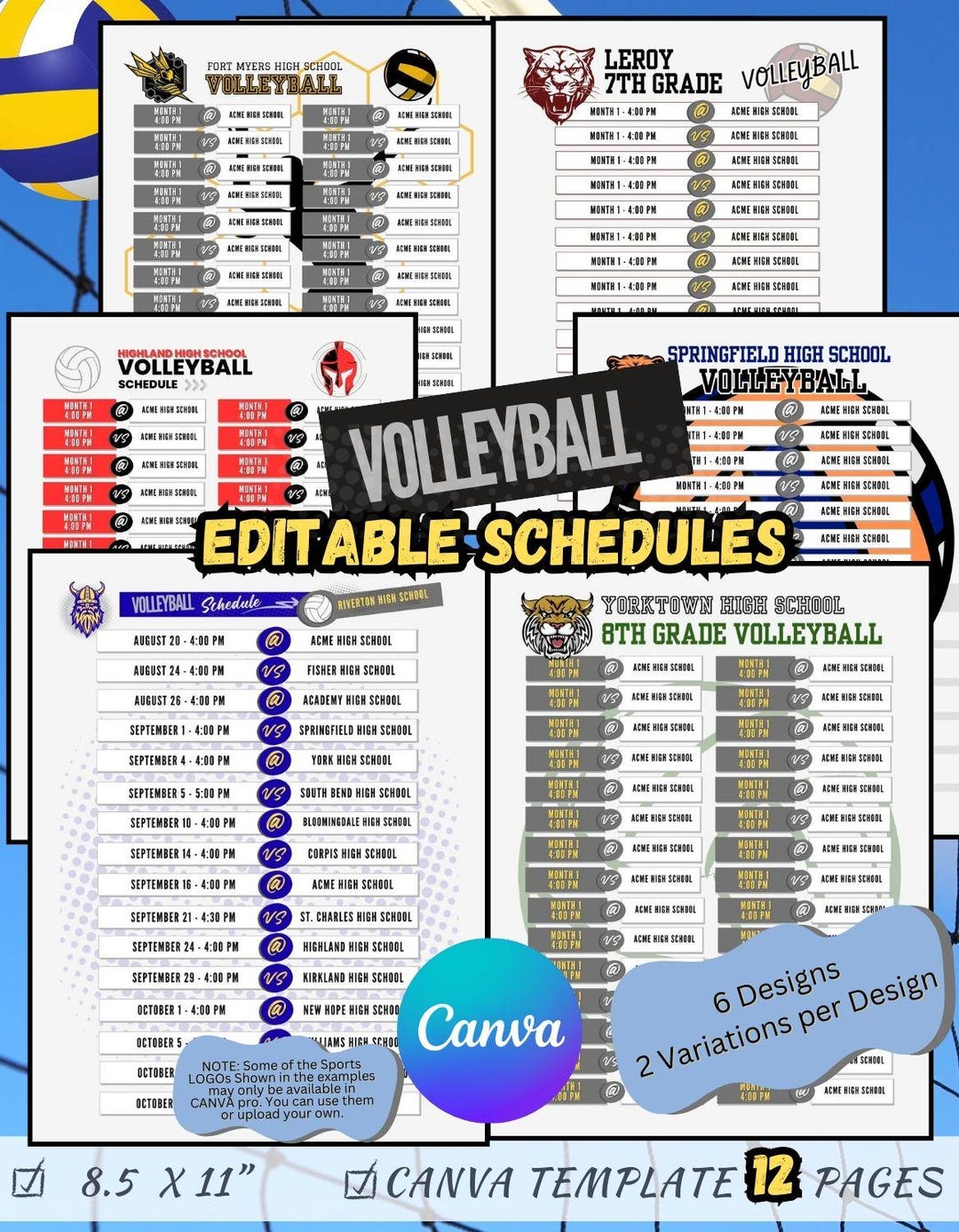 Editable Volleyball Schedule Template | 6 Designs, 2 Variations per ...