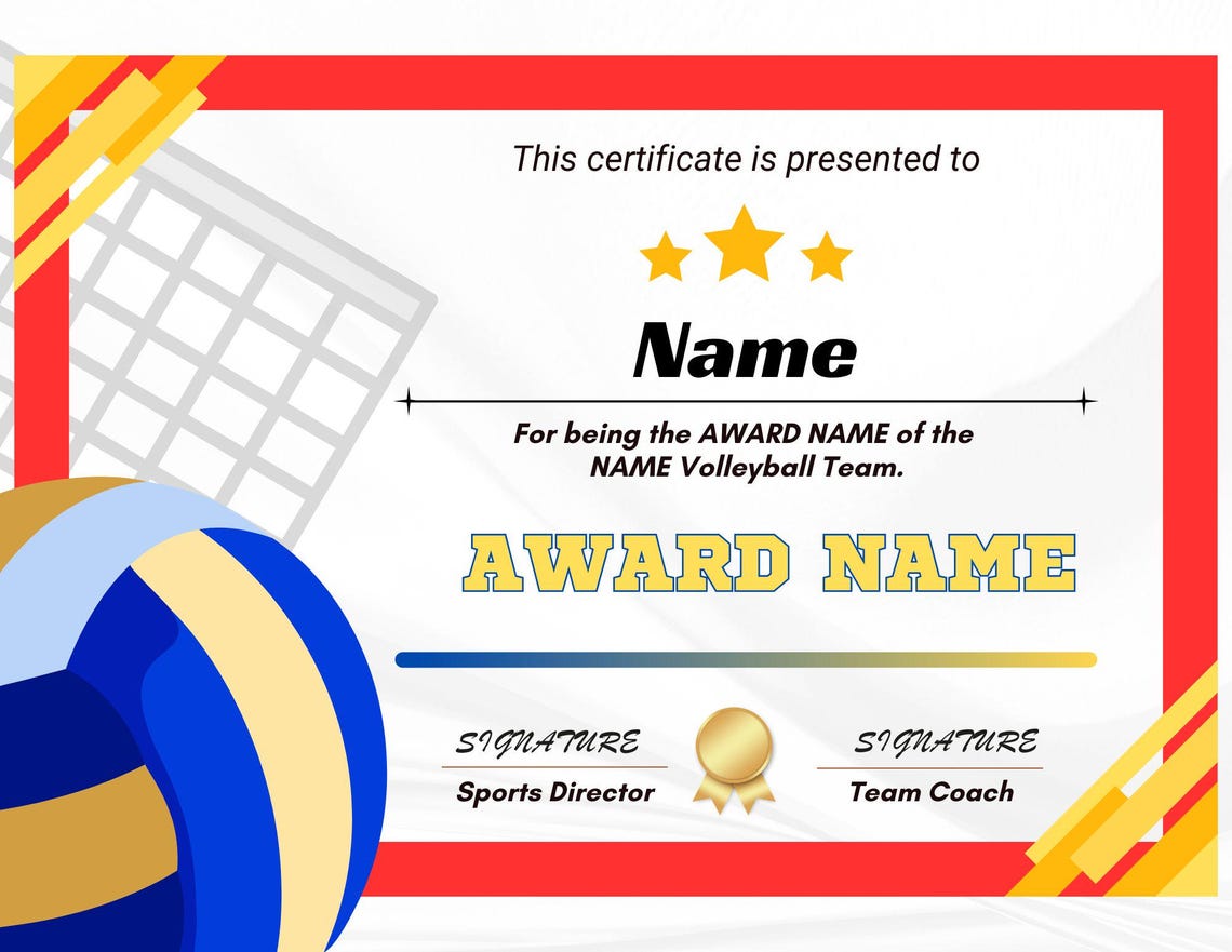 Volleyball Award Certificate Editable Canva Template | Printable Award ...