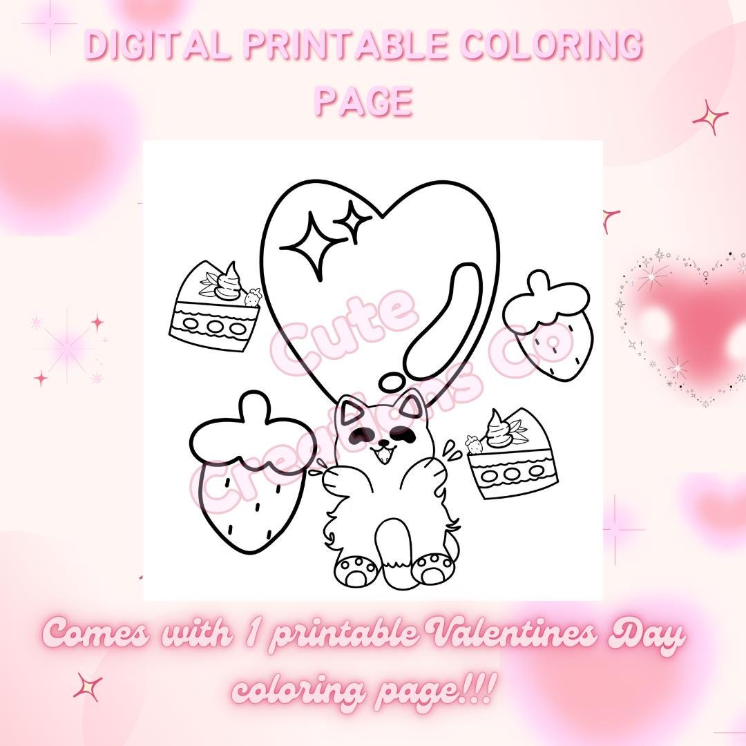 Cute Kawaii Valentines Day Kitty Coloring Page for Cat Lovers - Etsy