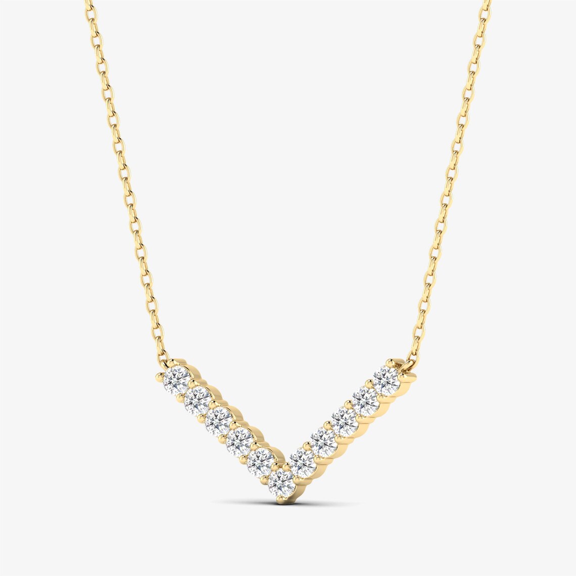 V Pendant, 18K Solid Gold Diamond Necklace, Natural Real Round White ...