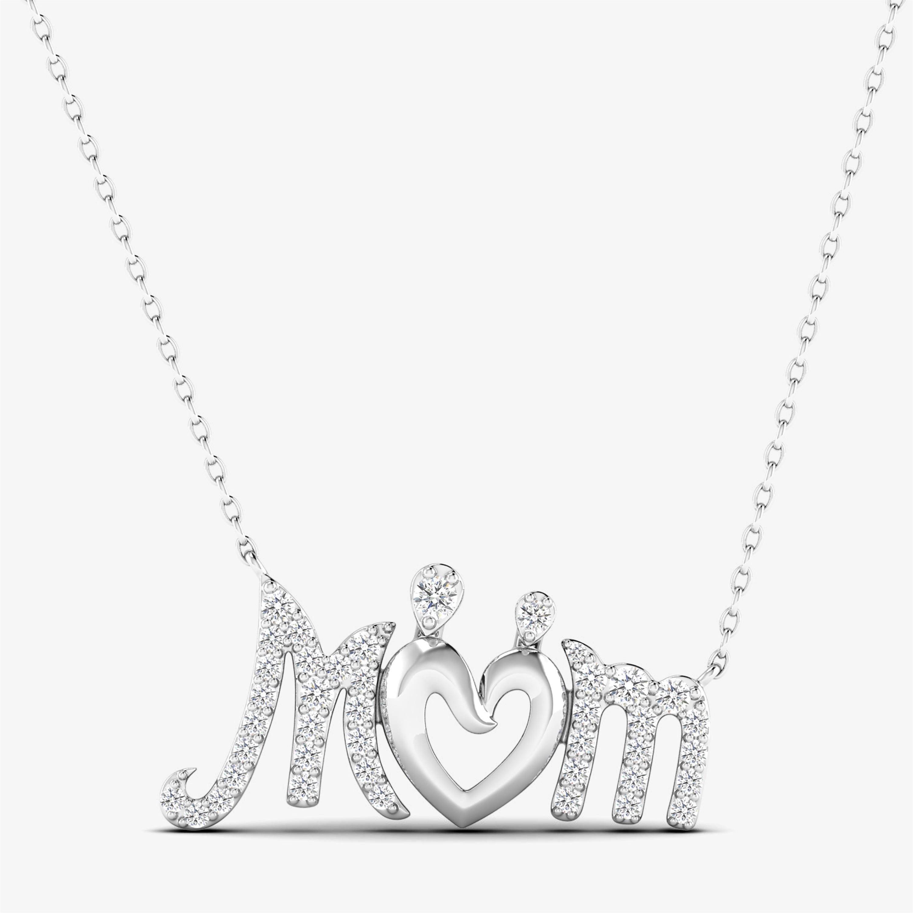 Mom Heart Diamond Necklace, 14K White Gold Necklace, Natural Diamonds ...