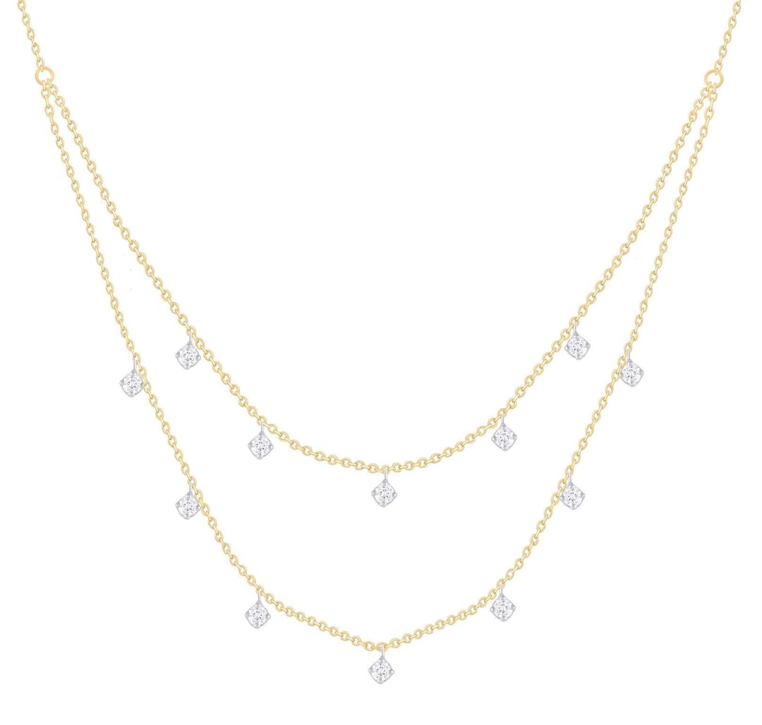 14K Gold Layered Diamond Necklace, Double Droplet Diamond Necklace ...
