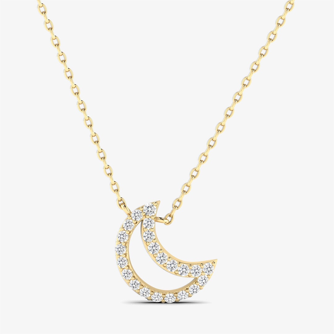 14K Solid Crescent Gold Diamond Necklace, Natural Diamond Necklace ...