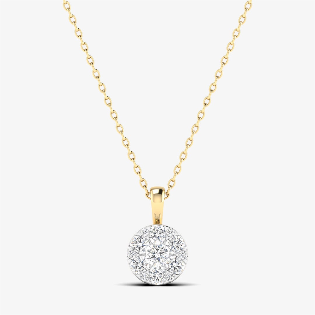 14K Solid Gold Diamond Pendant, Round Halo Diamond Cluster Pendant ...