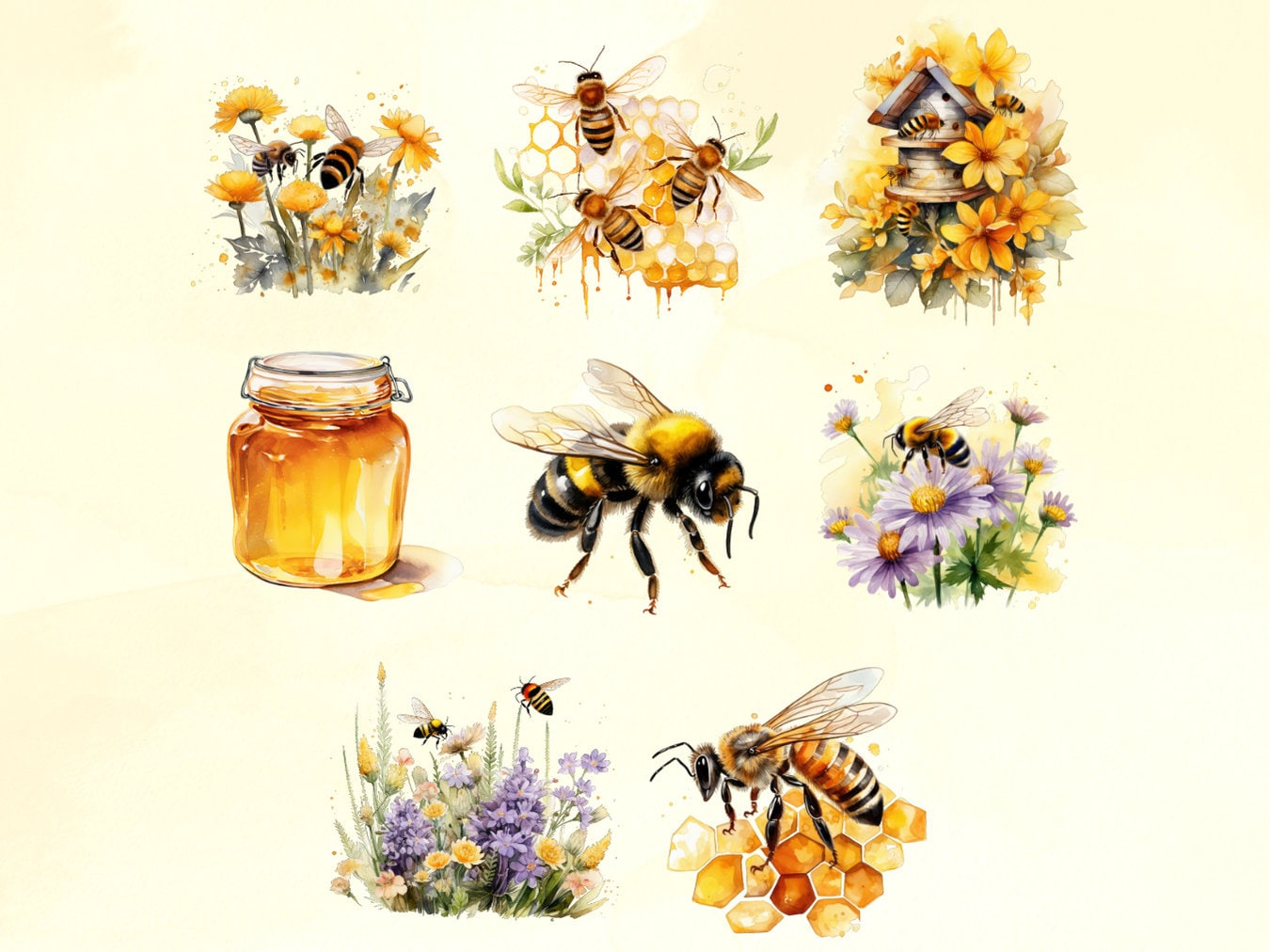 Watercolor Bee Clipart Bundle, Honey Bee PNG Clipart, Downloadable ...