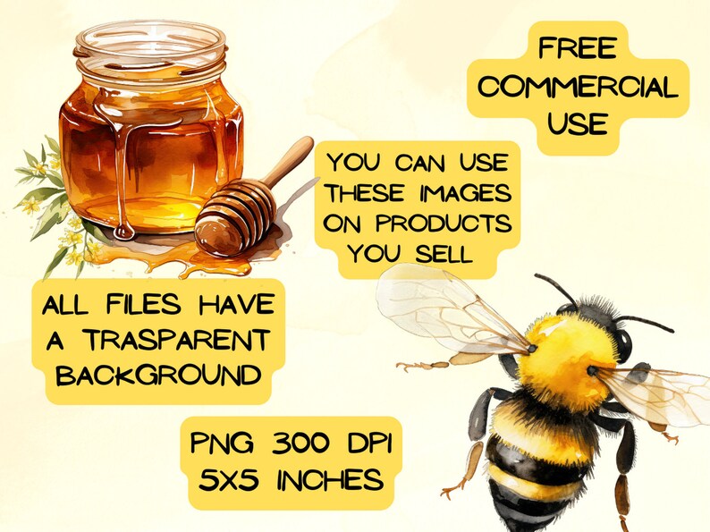 Watercolor Bee Clipart Bundle, Honey Bee PNG Clipart, Downloadable ...