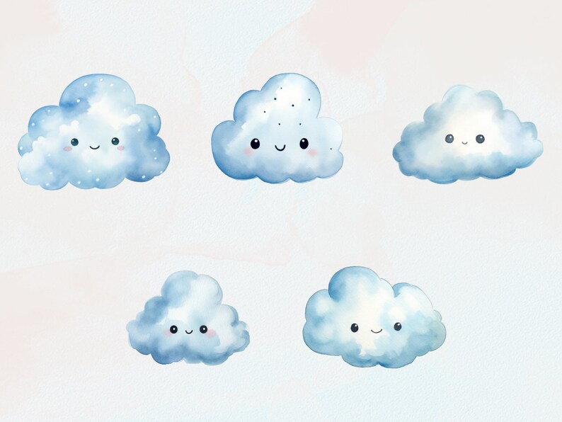 Watercolor Clouds Clipart Bundle, Cute Baby Shower Kawaii Cloud PNG ...