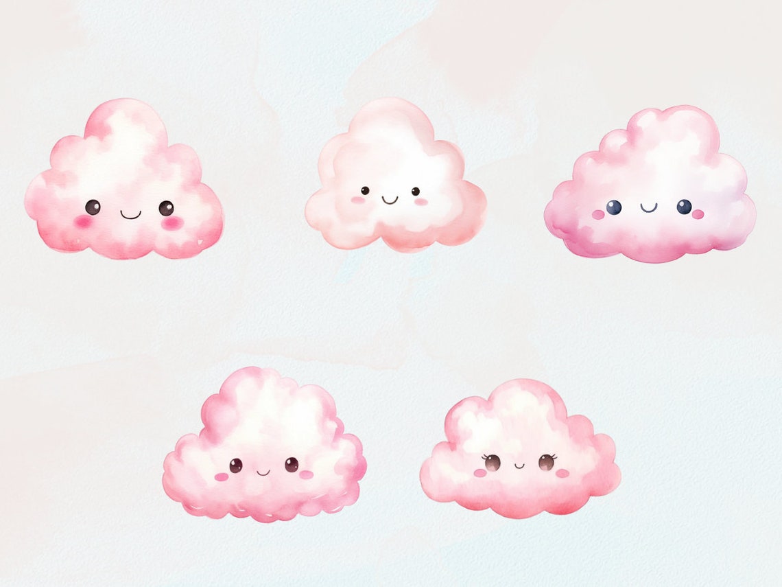 Watercolor Clouds Clipart Bundle, Cute Baby Shower Kawaii Cloud PNG ...