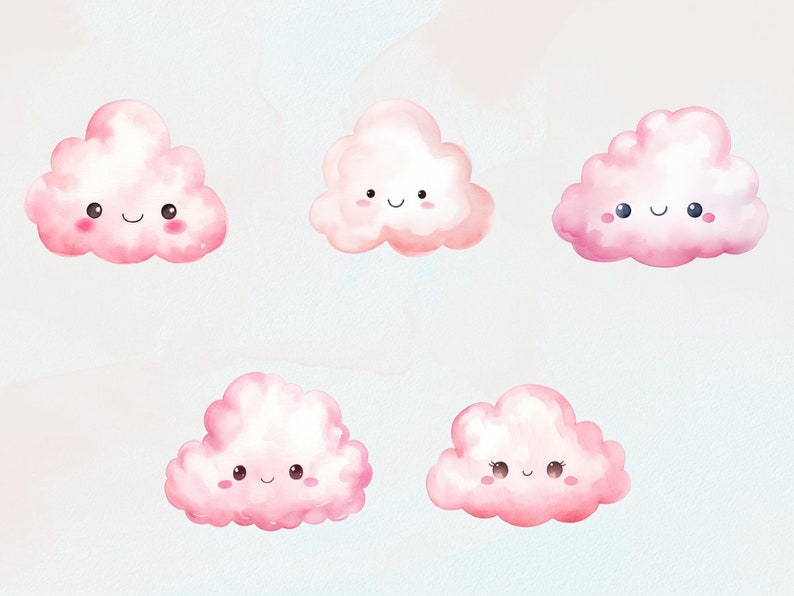 Watercolor Clouds Clipart Bundle, Cute Baby Shower Kawaii Cloud PNG ...