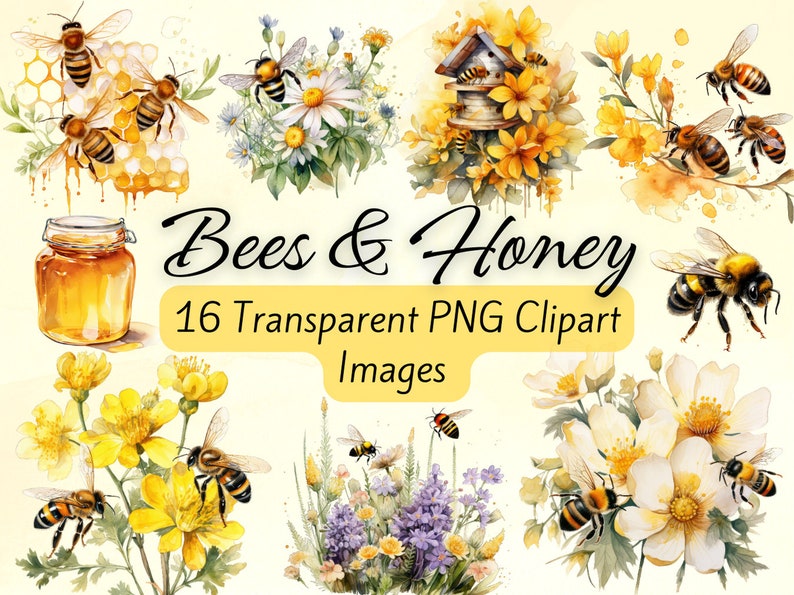 Watercolor Bee Clipart Bundle, Honey Bee PNG Clipart, Downloadable ...