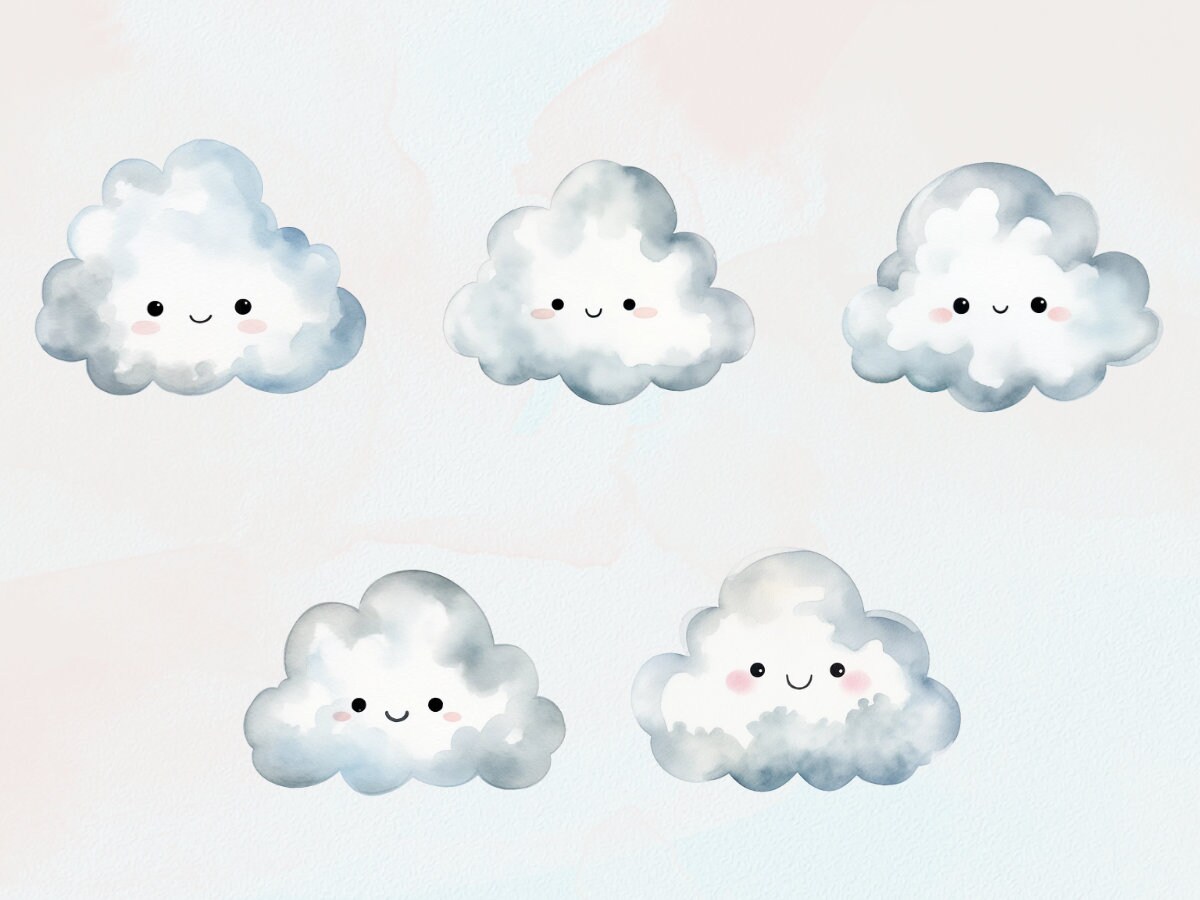 Watercolor Clouds Clipart Bundle, Cute Baby Shower Kawaii Cloud PNG ...