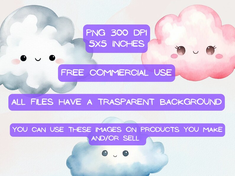 Watercolor Clouds Clipart Bundle, Cute Baby Shower Kawaii Cloud PNG ...
