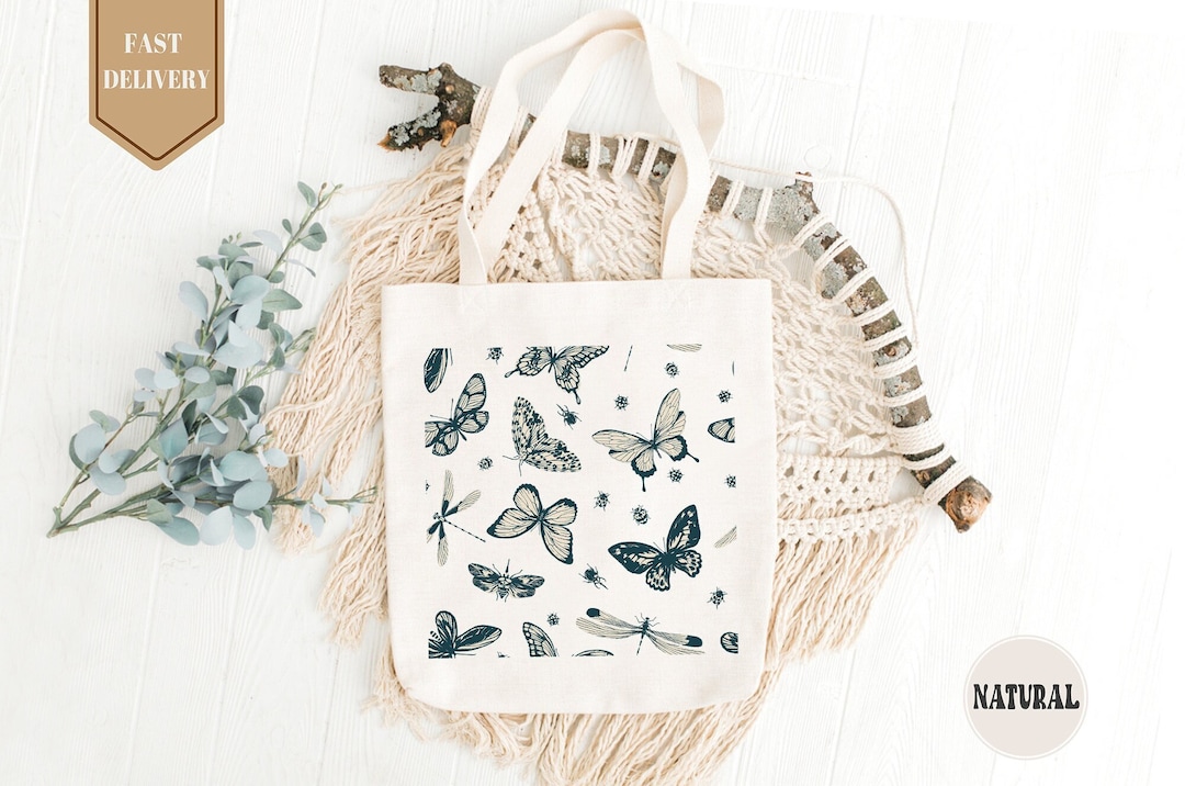 Romantic Tote Bag, Canvas Tote Bag, Butterfly Tote Bag, Cottagecore ...