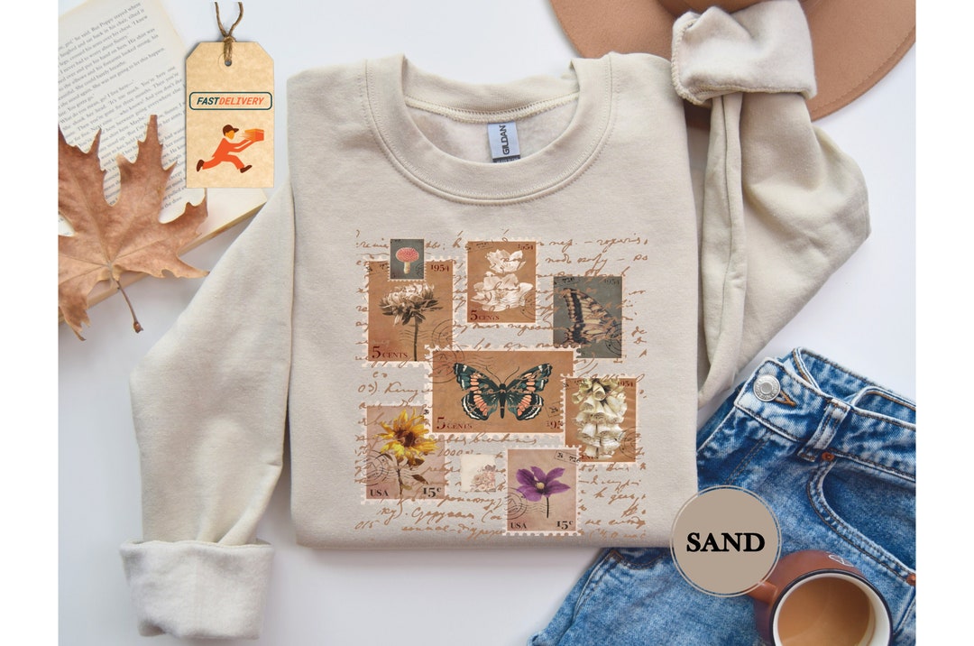 Preaged Stamp Sweatshirt, Wild Flower Sweatshirt, Antique Postage Stamp ...
