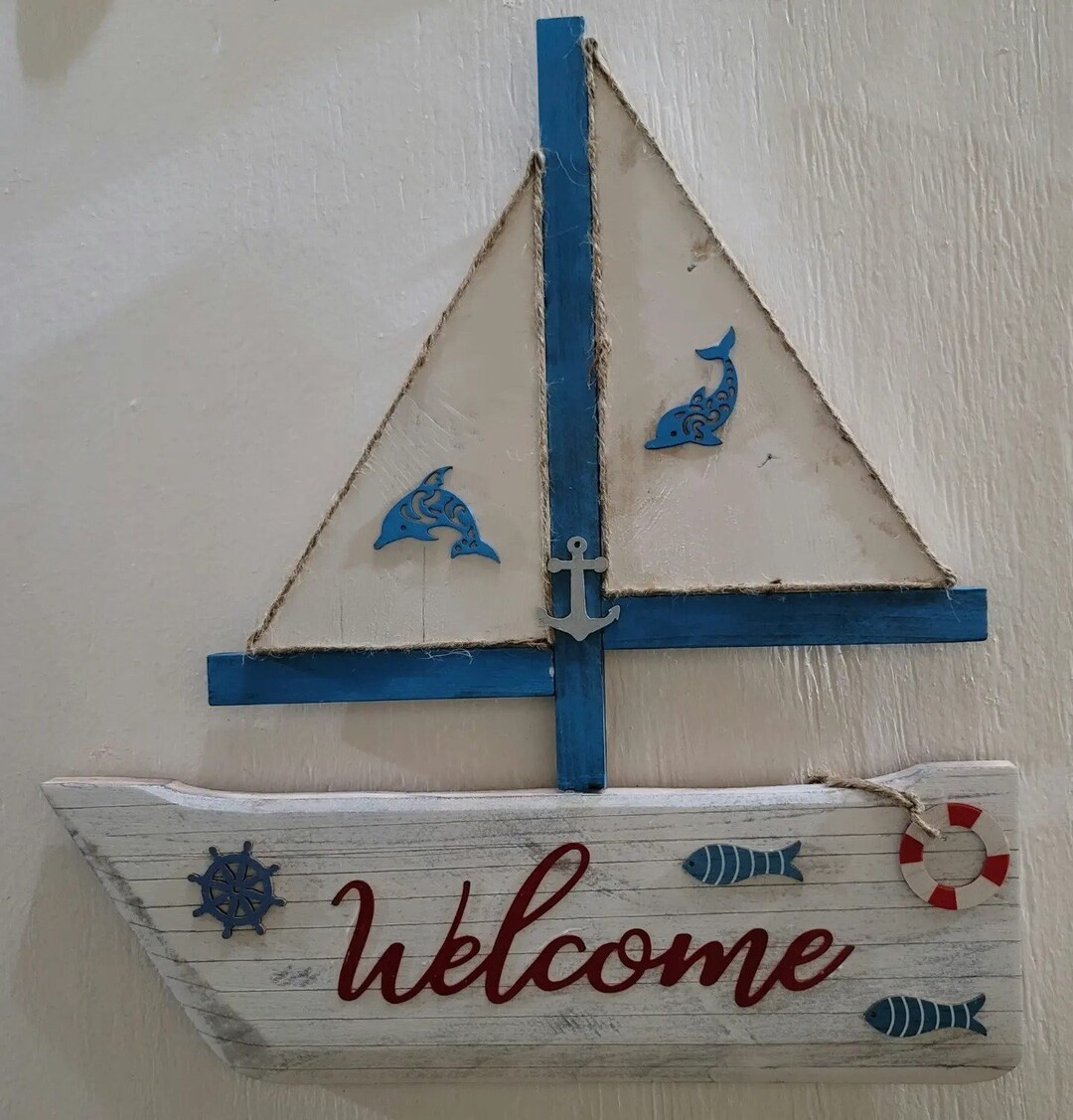 Nautical, Coastal, Boat, Wall Hanging, White, Welcome, Beach, Ocean ...