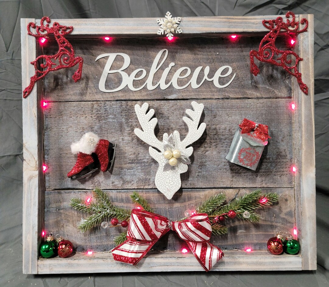 Christmas Shadow Box ,lights, Reindeer, Hand Crafted, Ice Skates, White ...