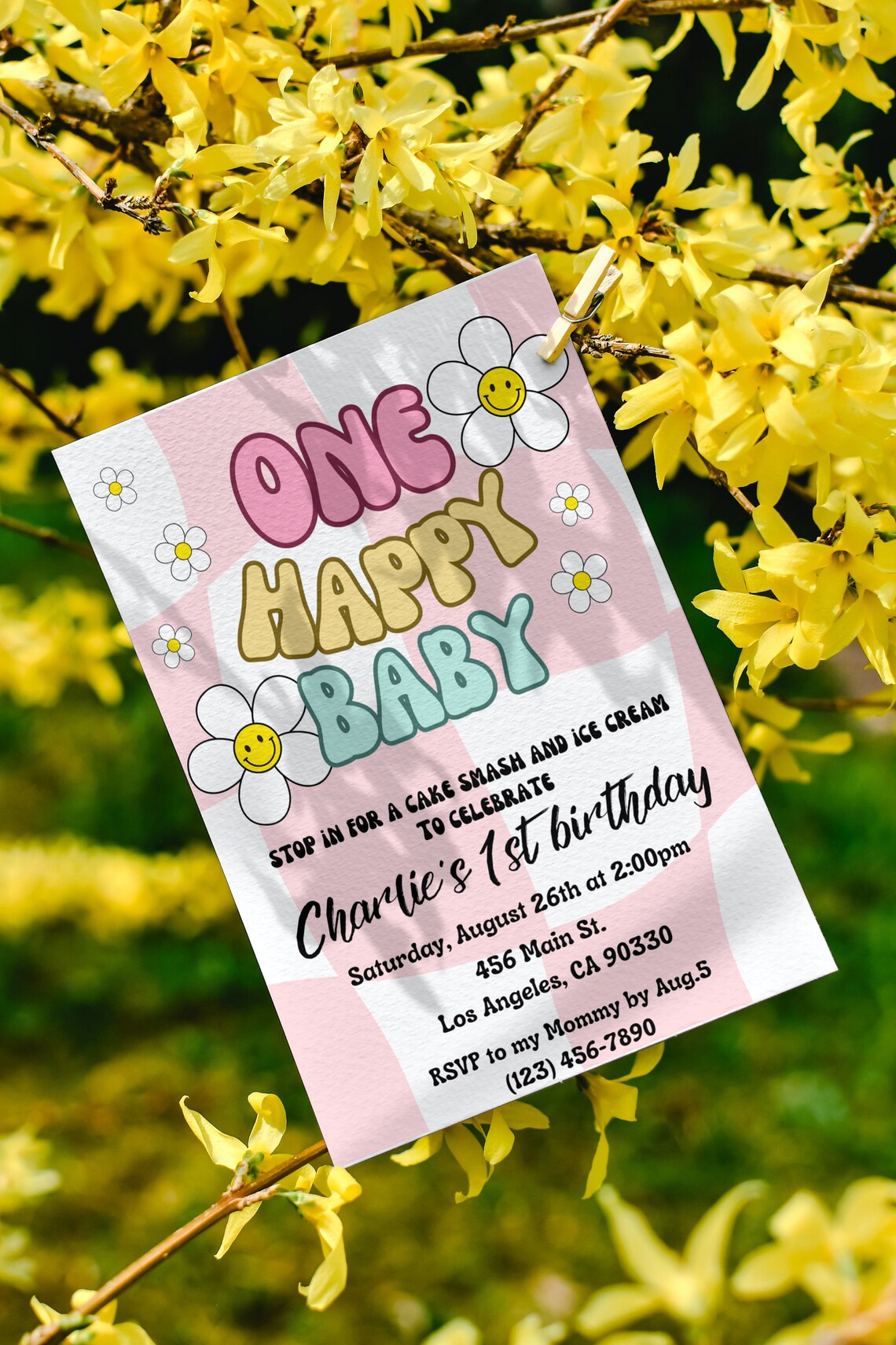 ONE Happy Baby, First Birthday Party Invitation, 1st Bday Invite, Pink ...