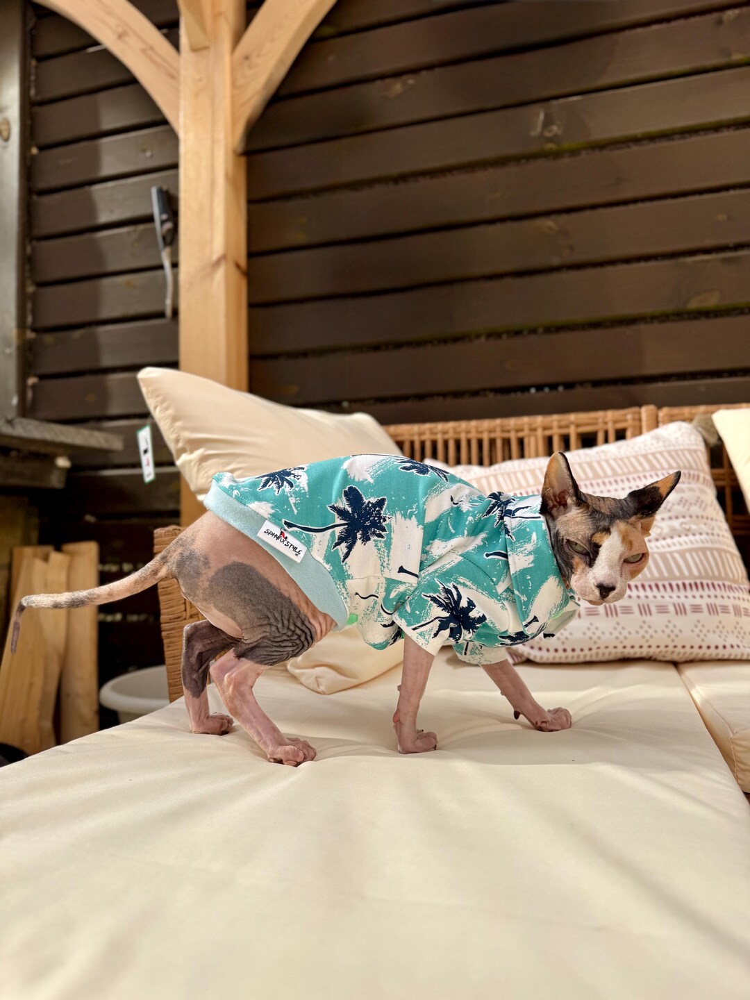 French Terry Cotton Sphynx Cat Shirt - Summer Palm Print Collar Tee - Etsy