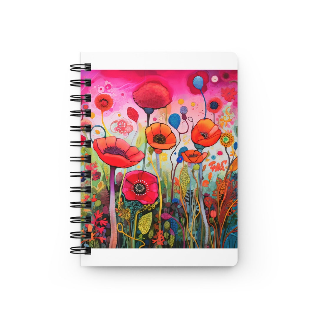 Spiral Bound Notebook, Lined Journal field of Poppies, Boho, Watercolor ...
