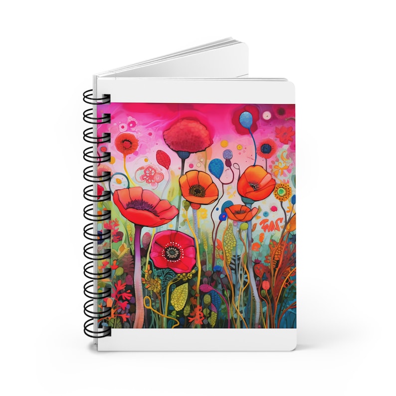 Spiral Bound Notebook, Lined Journal field of Poppies, Boho, Watercolor ...