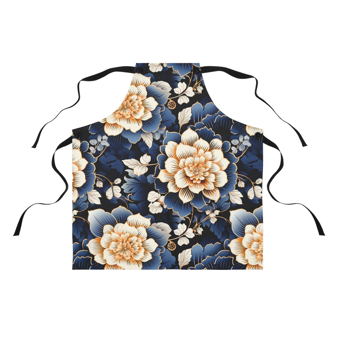 Apron AOP Gold Blue and Cream Flowers Apron AOP Original Art Fine Art ...