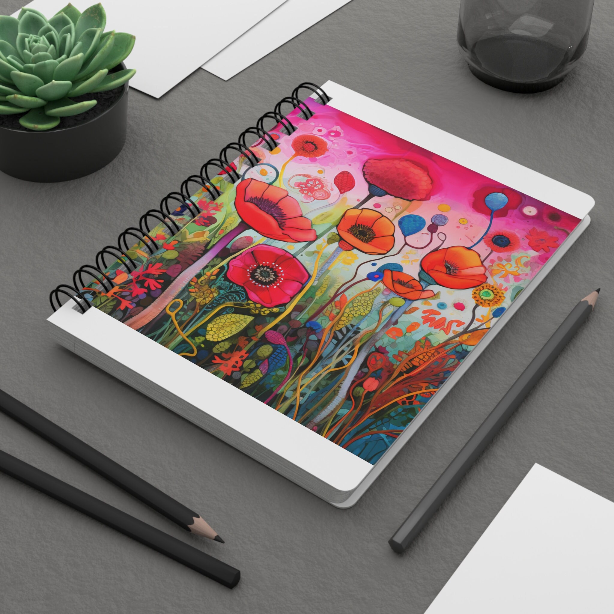 Spiral Bound Notebook, Lined Journal field of Poppies, Boho, Watercolor ...
