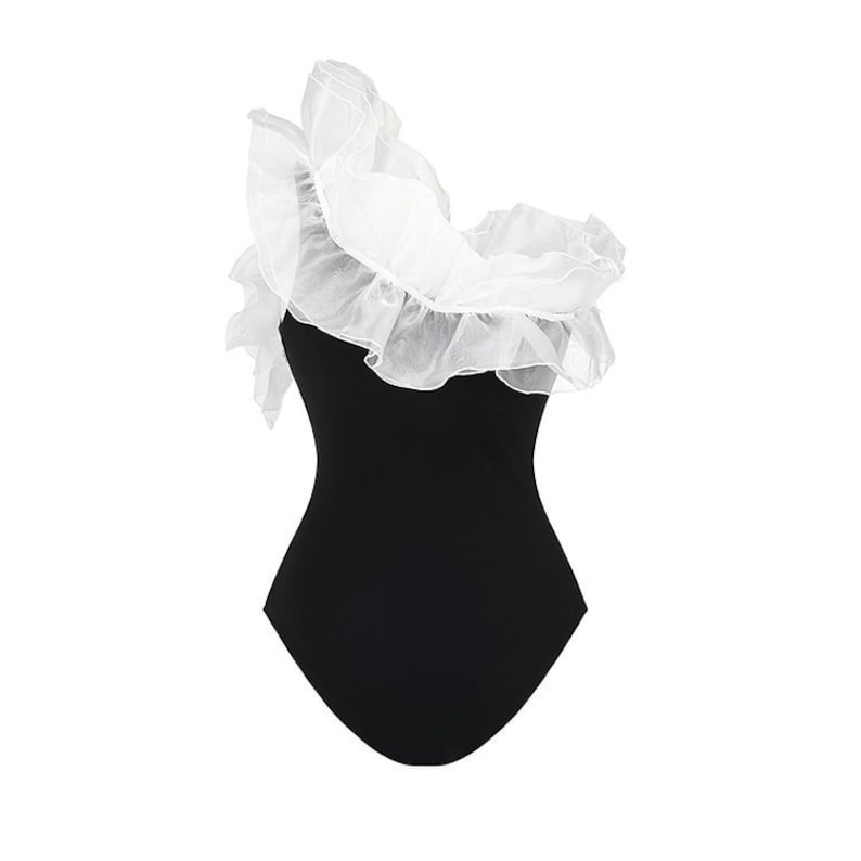 Flaxmaker One Shouder Ruffle Stitching Onepiece Set Swimsuit and Sarong ...