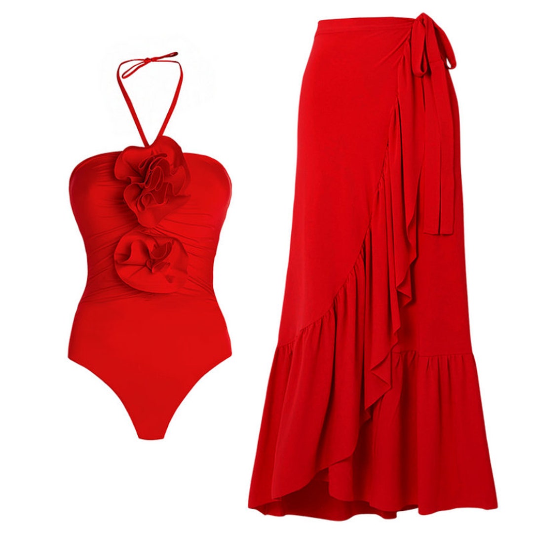 Flaxmaker Red Retro Halter 3d Flower One Piece Swimsuit And Skirt