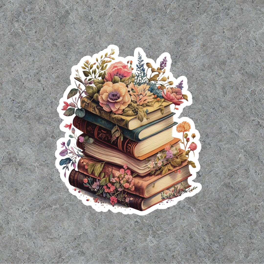 Floral Book Stack Vinyl Sticker - for Laptops, Water Bottle and ...