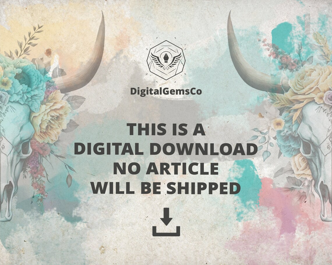 Floral Boho Bull Skull, TRANSPARENT PNG, Clip Art Bundle, Feathers ...