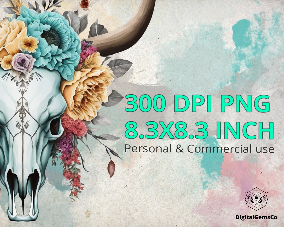 Floral Boho Bull Skull, TRANSPARENT PNG, Clip Art Bundle, Feathers ...