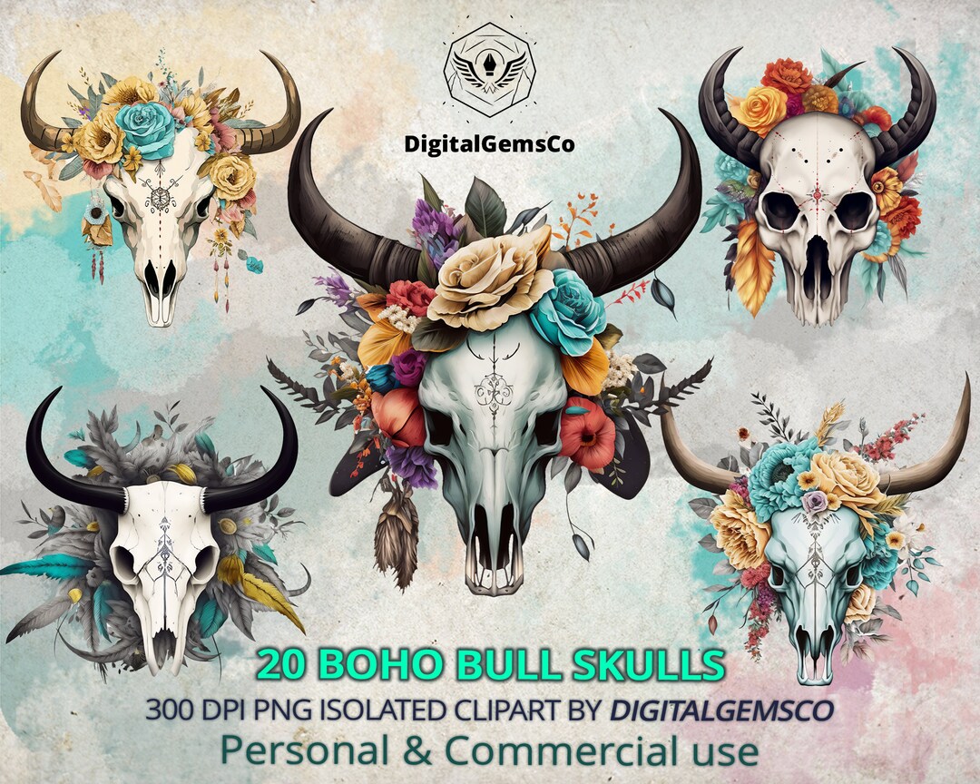 Floral Boho Bull Skull, TRANSPARENT PNG, Clip Art Bundle, Feathers ...