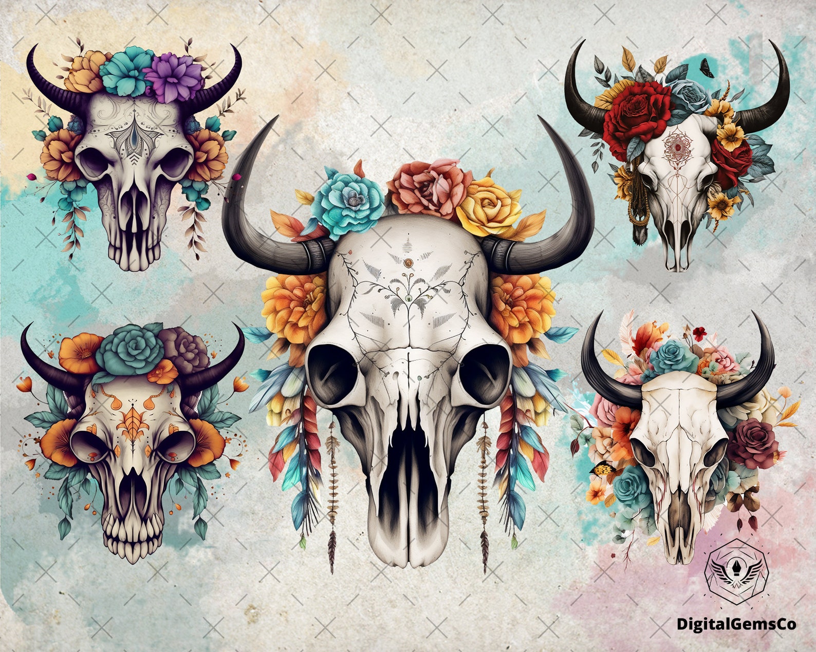 Floral Boho Bull Skull, TRANSPARENT PNG, Clip Art Bundle, Feathers ...