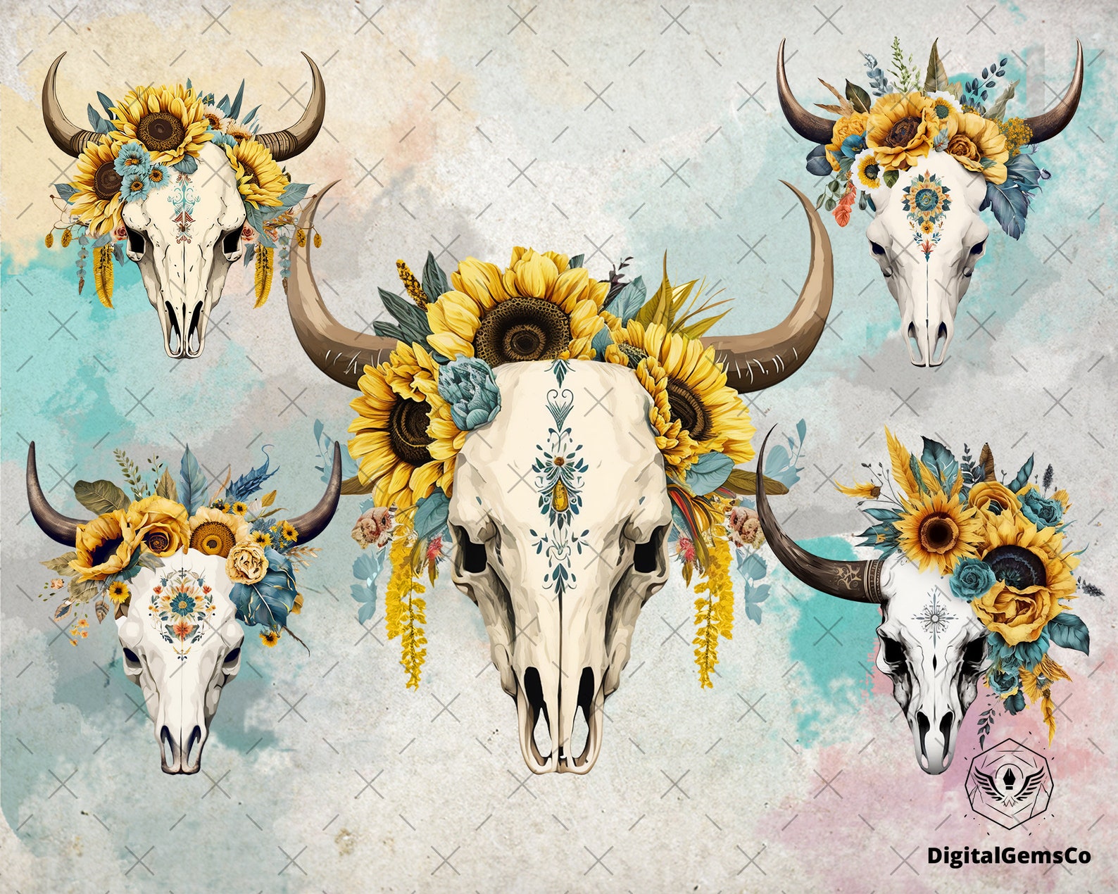 Floral Boho Bull Skull, TRANSPARENT PNG, Clip Art Bundle, Feathers ...