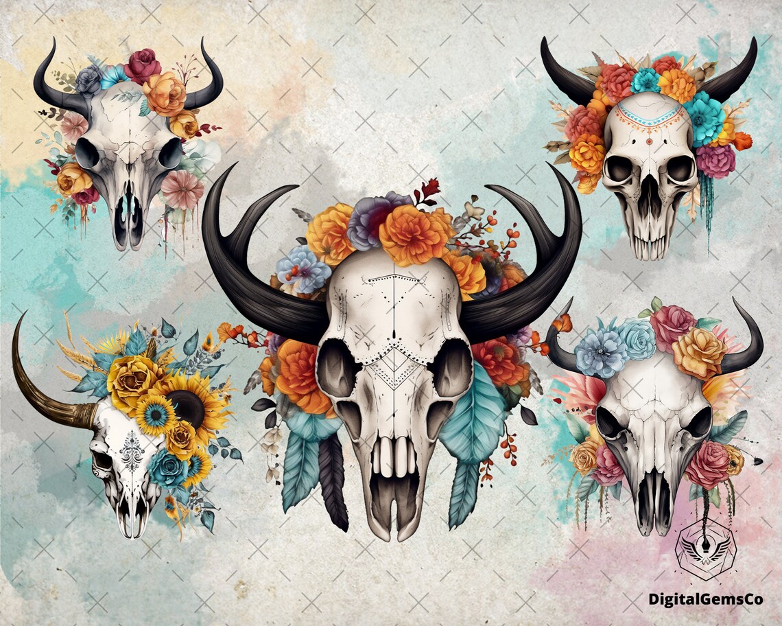 Floral Boho Bull Skull, TRANSPARENT PNG, Clip Art Bundle, Feathers ...
