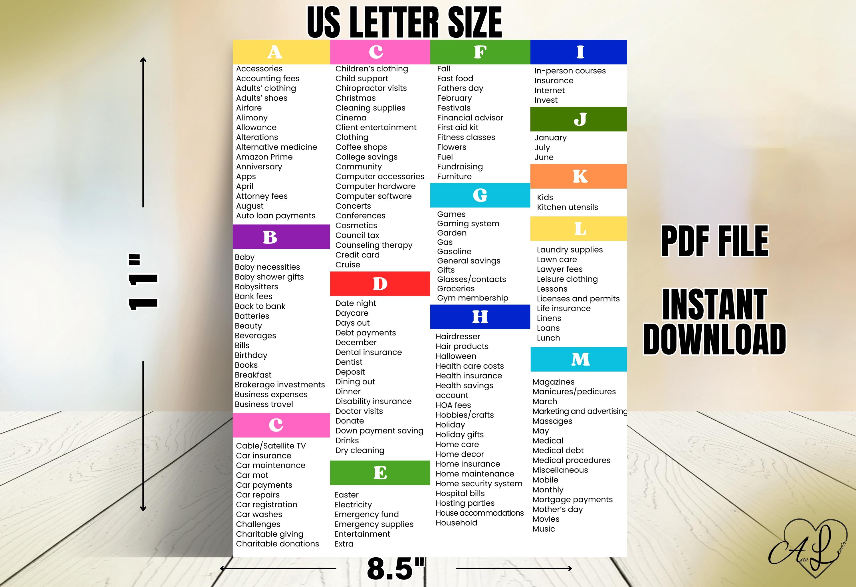 Budget Categories Checklist, 280 Alphabetical Cash Envelope Categories ...