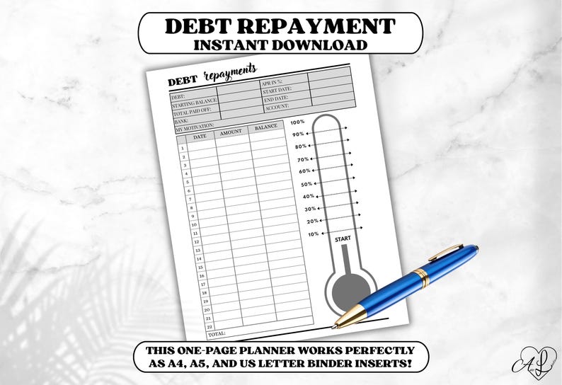Debt Repayment Thermometer Printable, One Page Planner, PDF Download ...