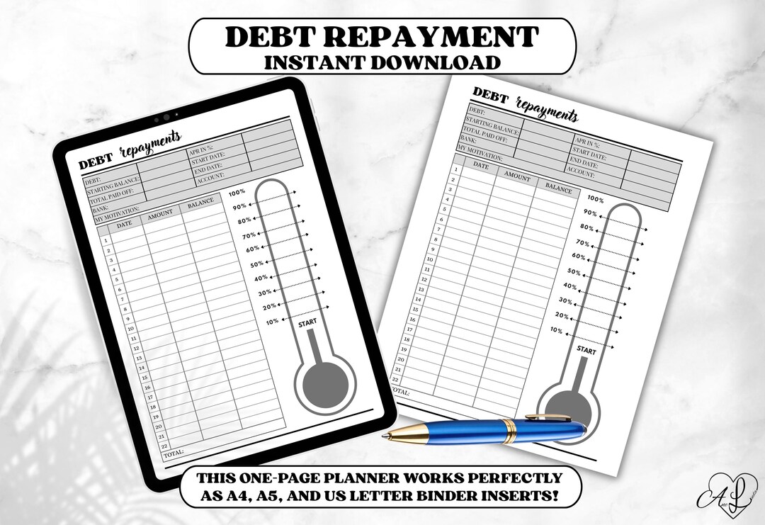 Debt Repayment Thermometer Printable, One Page Planner, PDF Download ...