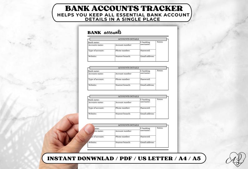 Bank Account Tracker Printable, Simple One Page Planner - Etsy