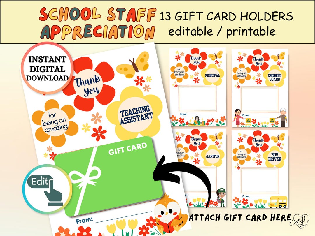 Editable Teacher Gift Card Holder, Thank You Card, Appreciate School ...