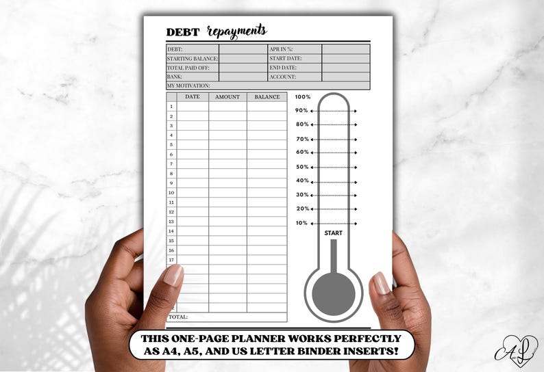 Debt Repayment Thermometer Printable, One Page Planner, PDF Download ...