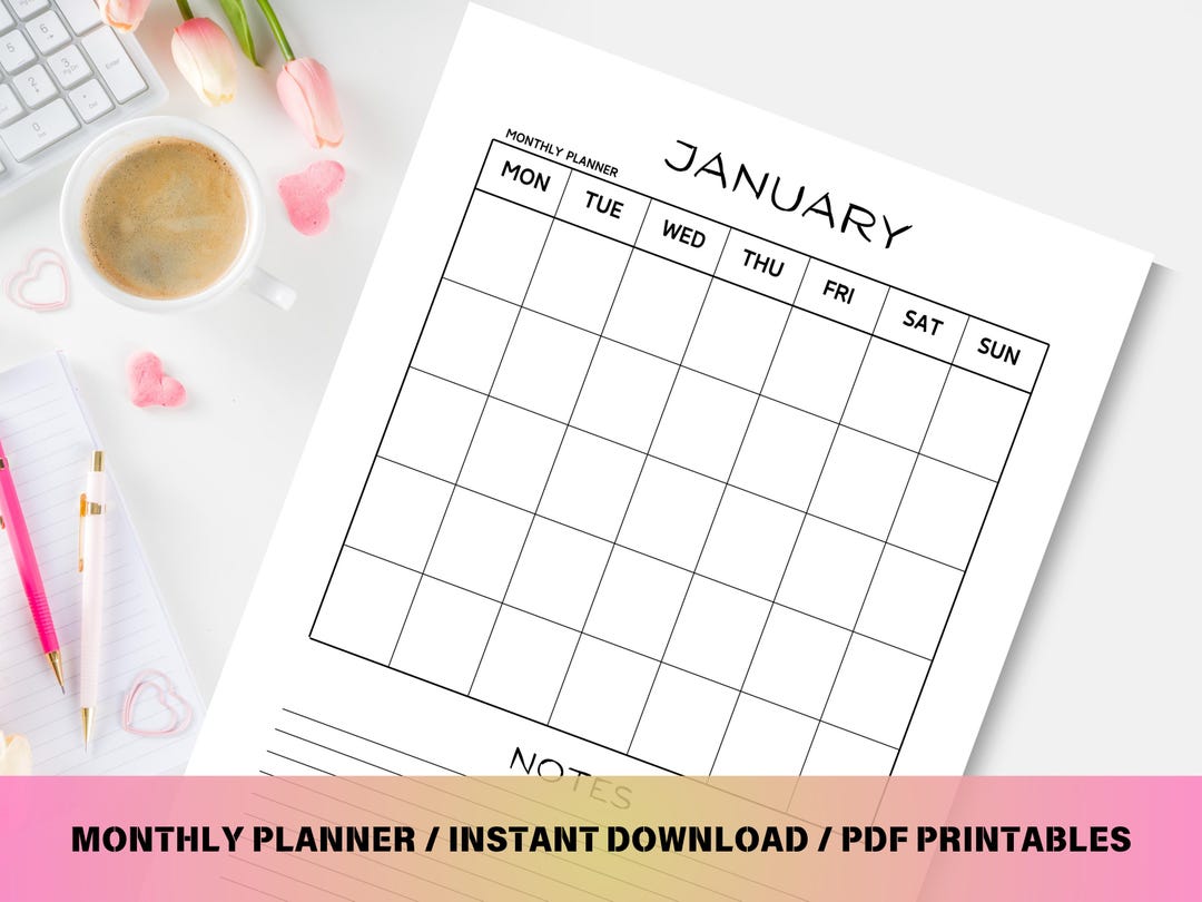 Monthly Planner, Blank Calendar With Notes, Printable Monthly Calendar ...