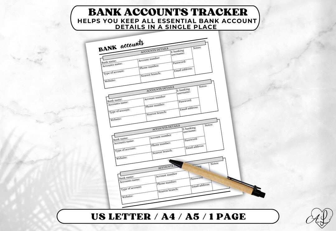 Bank Account Tracker Printable, Simple One Page Planner - Etsy