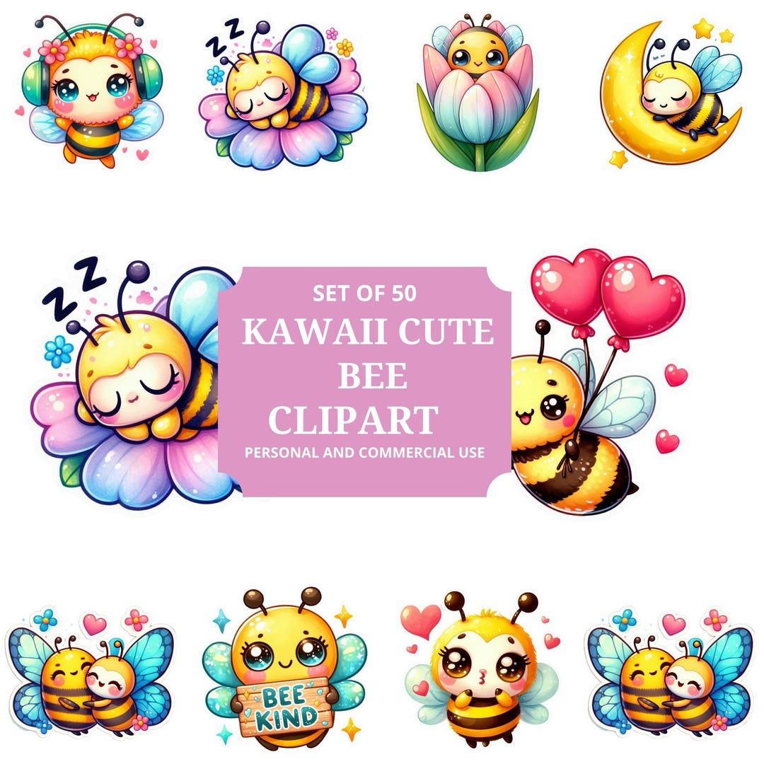 Adorable Kawaii Bee Clipart, Cute Cartoon Bees Digital Download for ...