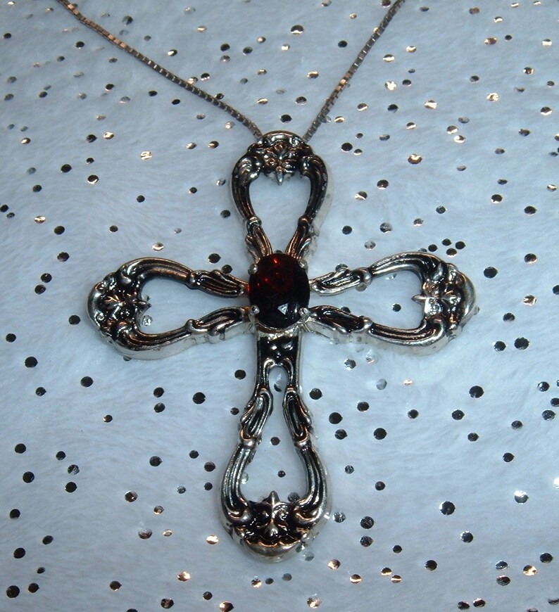 Vintage Gorham Sterling Silver Garnet Cross Pendant Necklace 24 ...