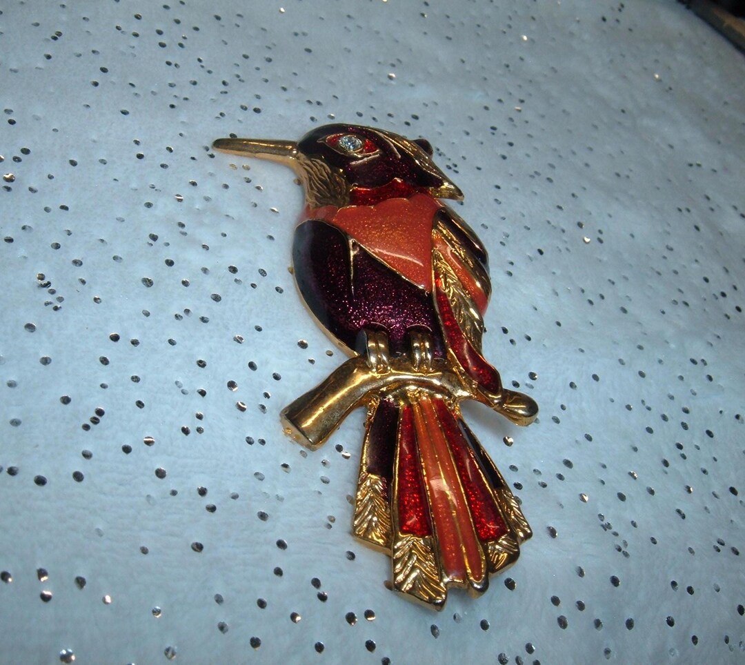 Rare Tropical Bird Enamel Brooch – Enamel & Rhinestone – Long Tail ...