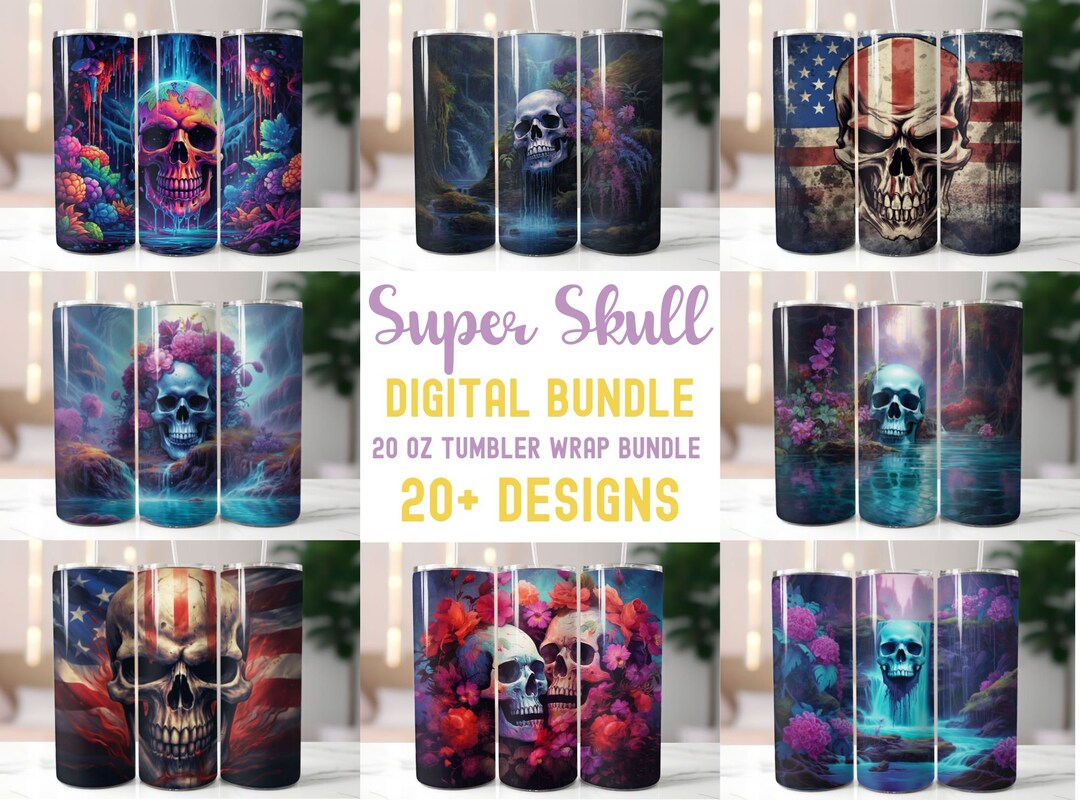Super Skull Bundle 20oz Sublimation Tumbler Digital Design, 20 Skull ...