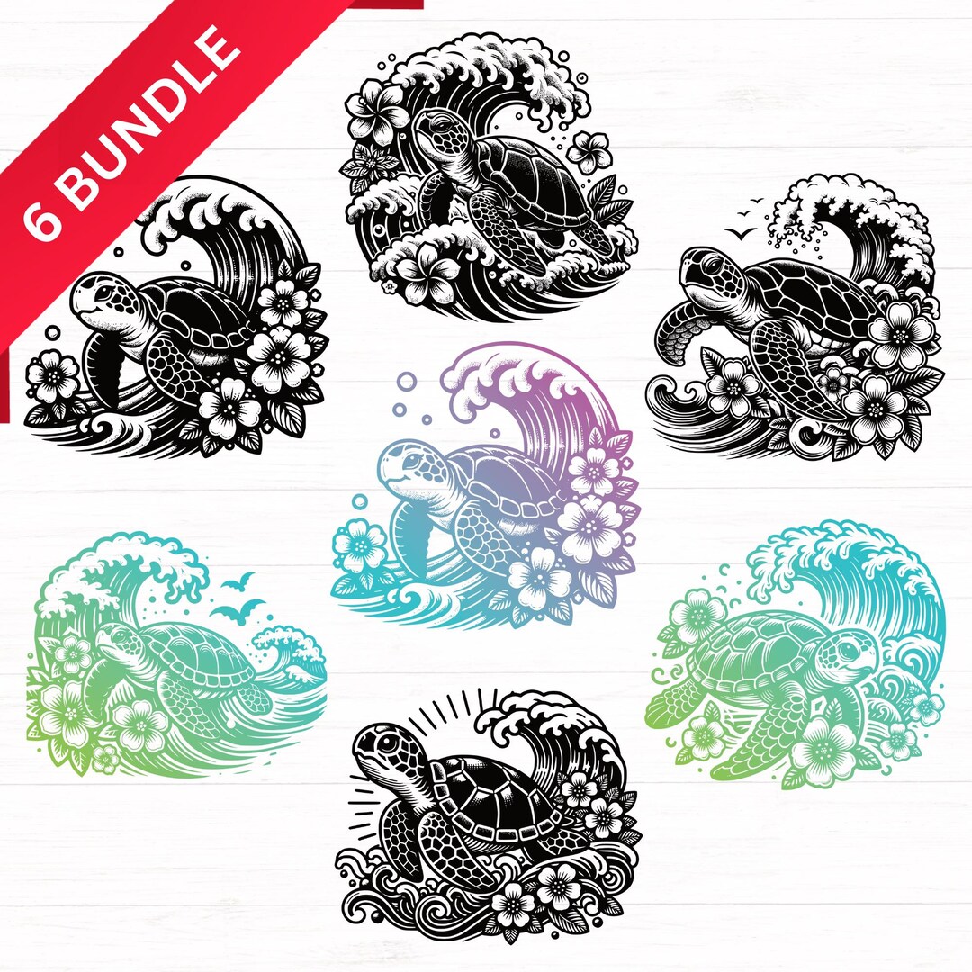 Sea Turtle Svg, 7 Turtle Bundle With Wave and Hawaiian Flowers, Turtle ...